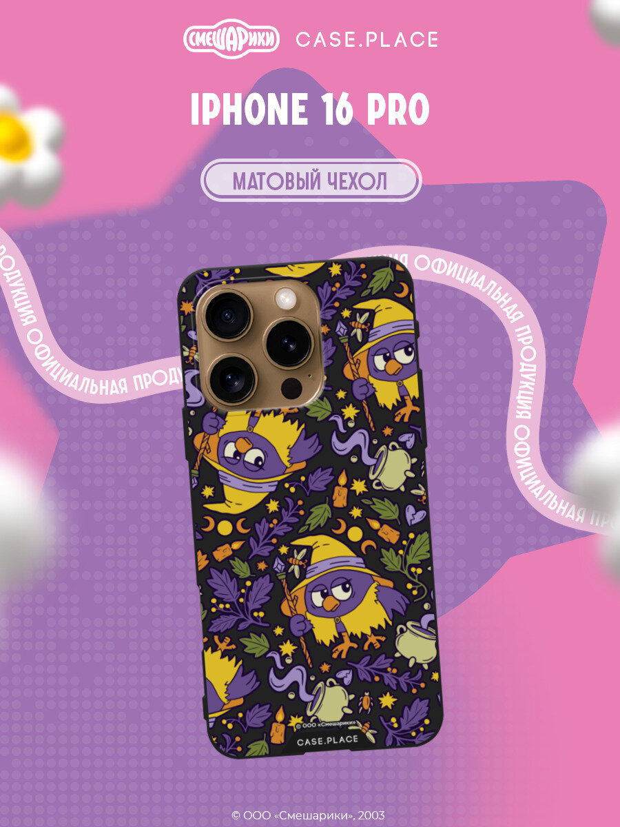 Чехол на Apple iPhone 16 Pro / Айфон 16 Про с принтом Смешарики. Паттерн Колдунья-Совунья