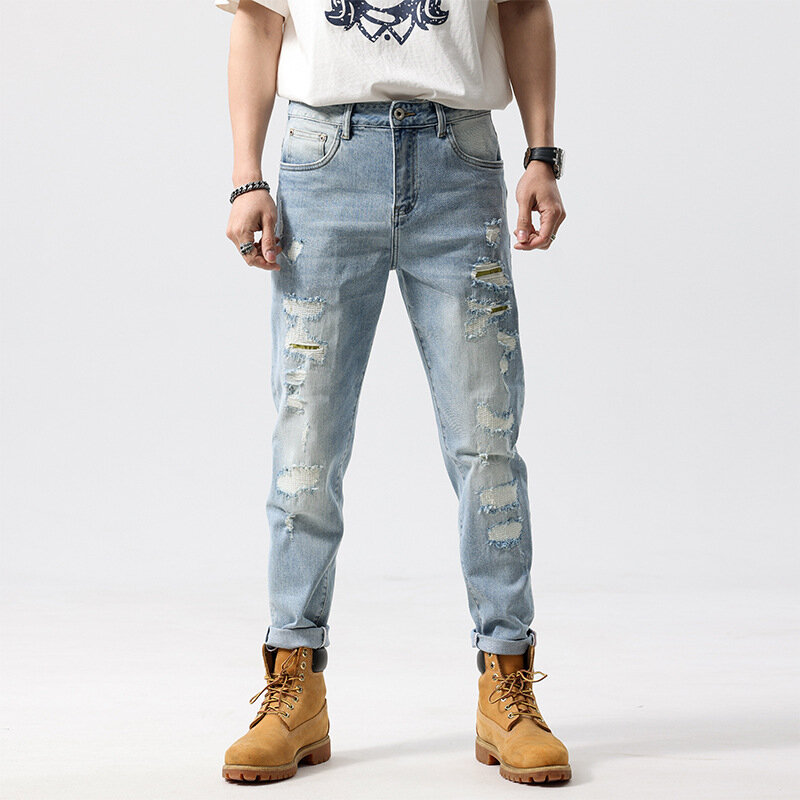 Тренд RONG CH Мужские Джинсы Лето Тонкие Светло-Синие Слим Кроп Корейские Деним, Размер_36