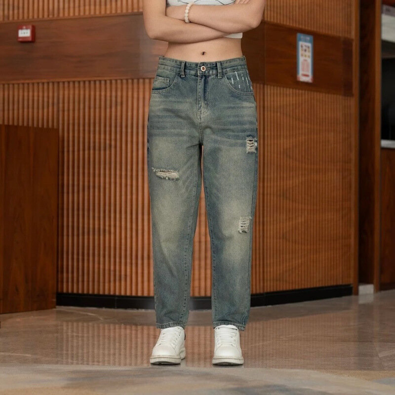 Тренд RONG CH Мужские Джинсы Лето Кроп Потертые Конусообразные Свободные Стрейт Деним, Размер_32