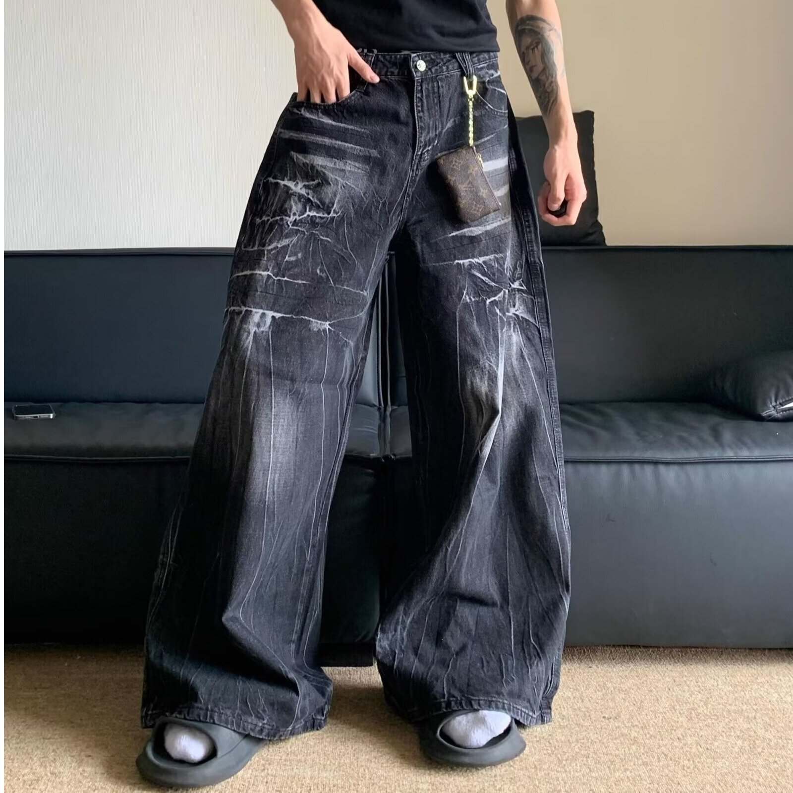 JYL Джинсы Мужские Буткют Винтажные Дизайн Свободные Широкие Длинные Деним, Размер_XXXL
