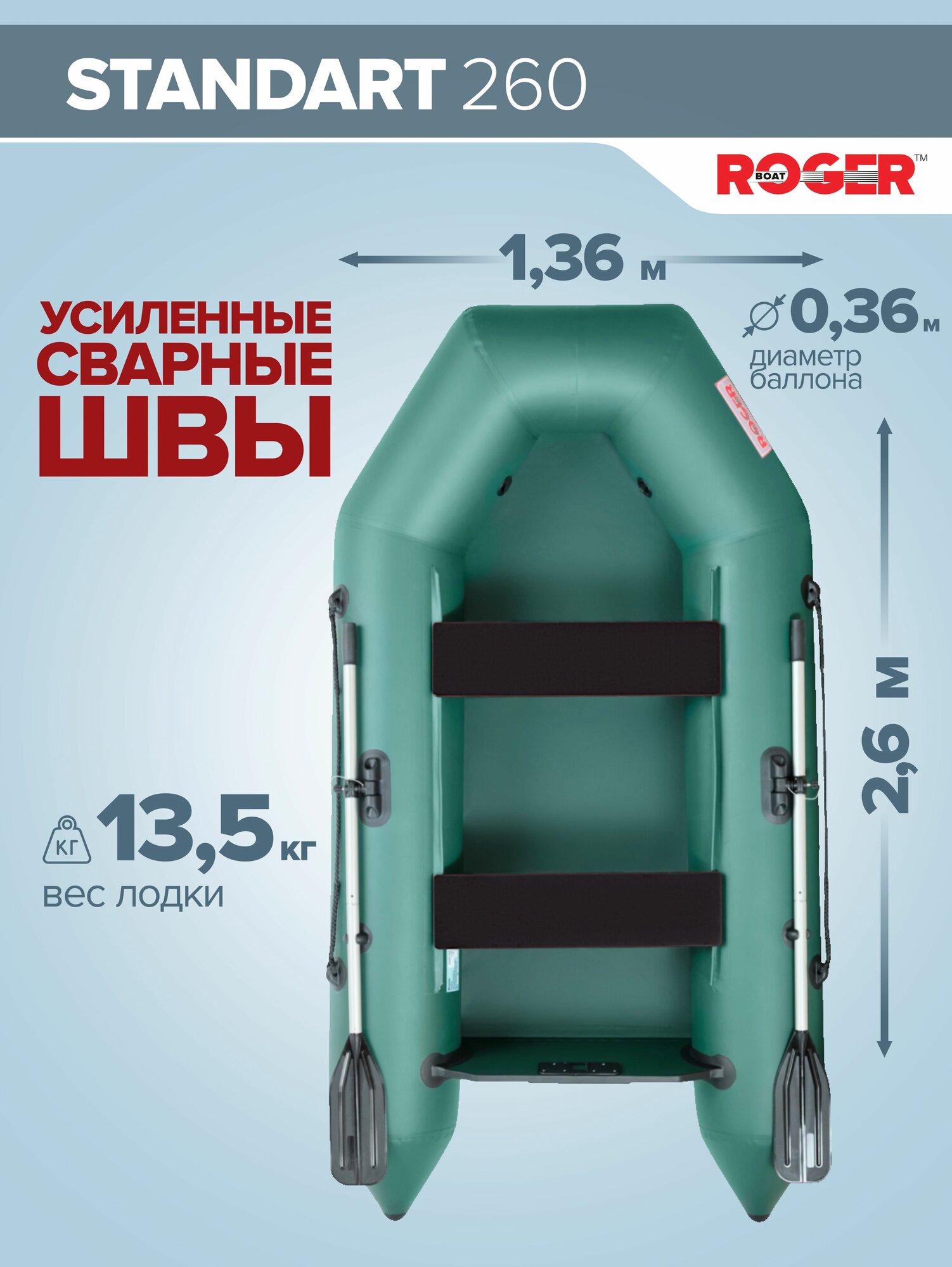 Лодка надувная для рыбалки ПВХ под мотор ROGER Standart 260, с транцем (зеленый)
