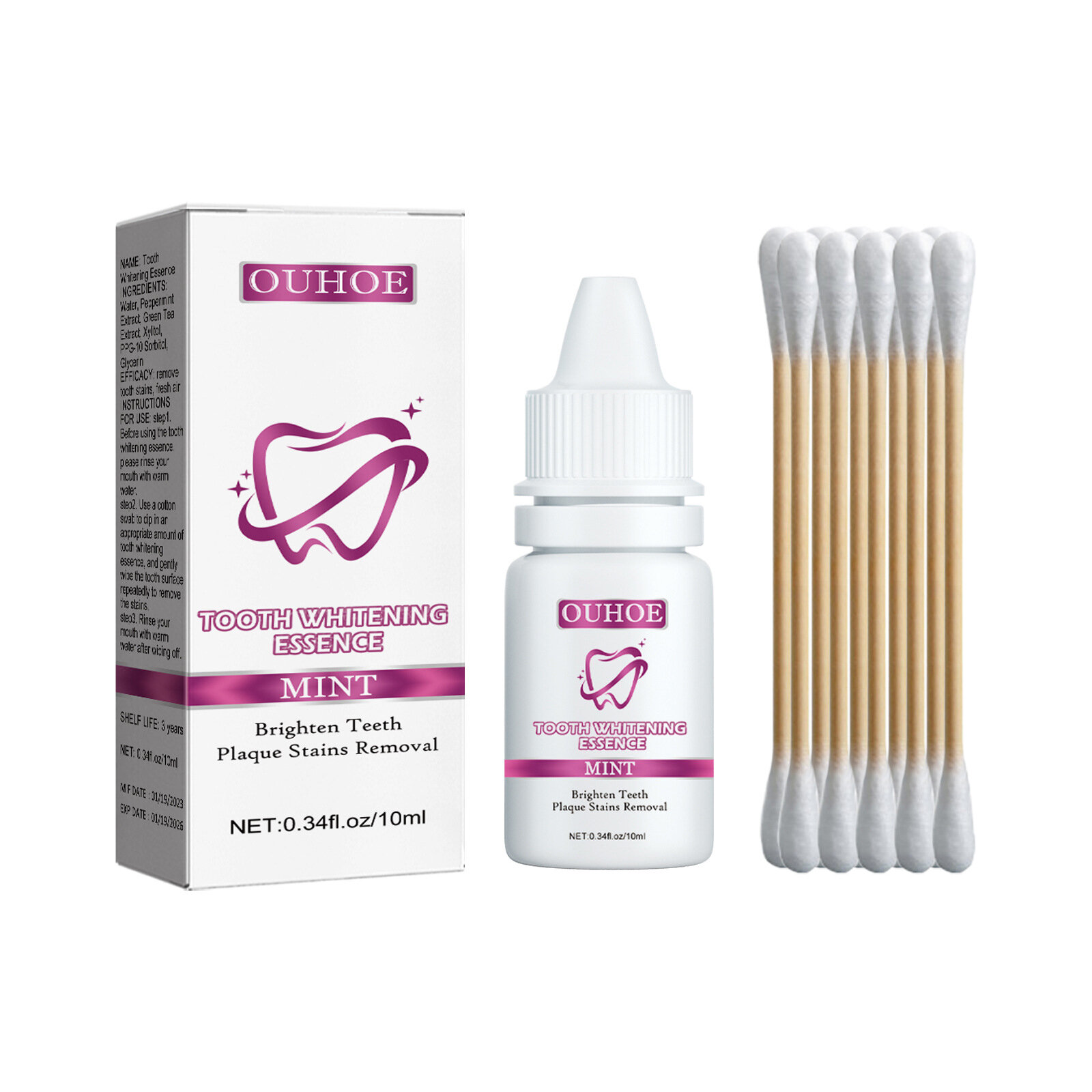 OUHOE Эссенция для отбеливания зубов 10мл для удаления налета и пятен, набор с 1 шт. эссенции и 10 шт. ватных палочек