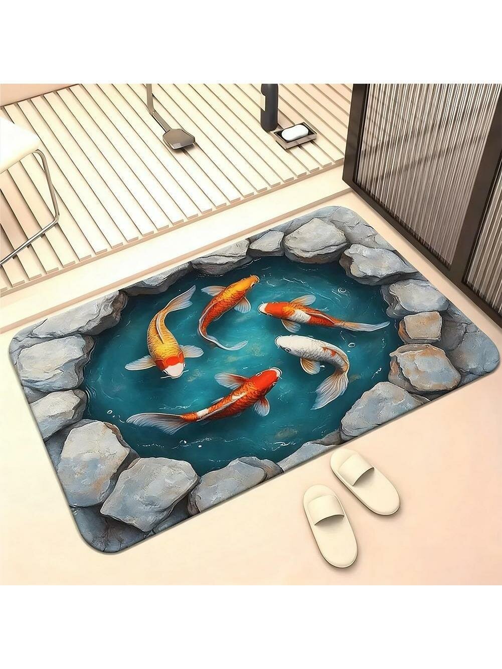 Противоскользящий ковер, Рисунок карпа в пруду, Подходит для гостиных, спален, ванных 40x60cm