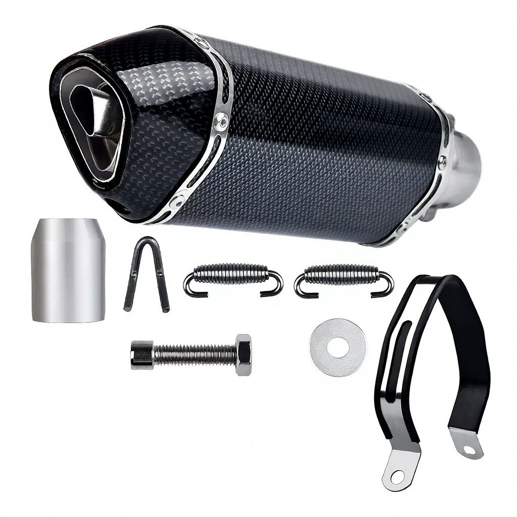 Выhaust muffler Universal sport motorcycle Full imitation carbon fiber small hexagonal modified 38-51mm Black/Full imitation carbon fiber pattern Material stainless steel Length 370 mm Width 105 mm Diameter 51 mm Connection diameter 51 mm 1 x Exhaust
