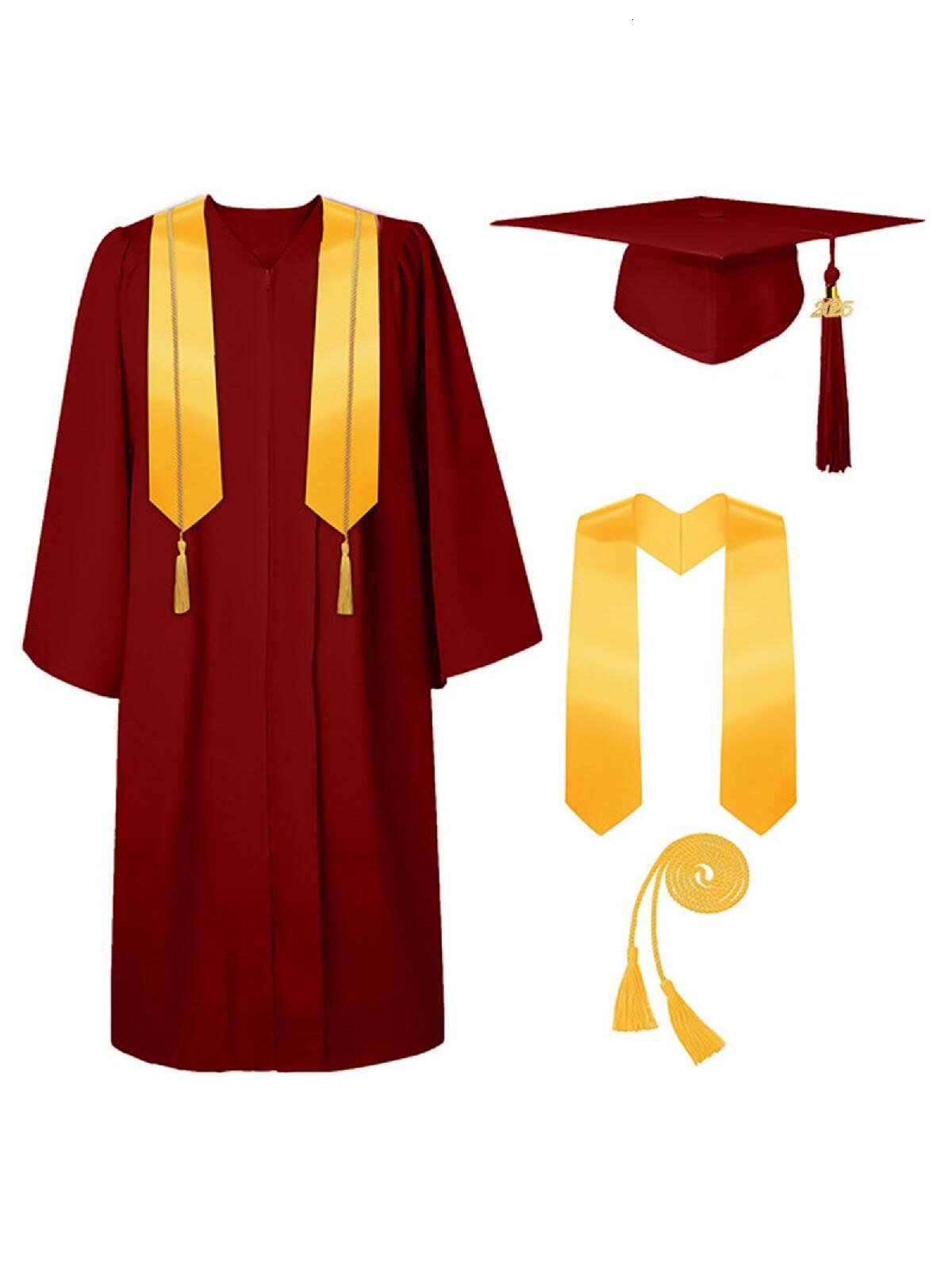 Комплект мантий и шапочек для выпускников 2025, темно - красный - L