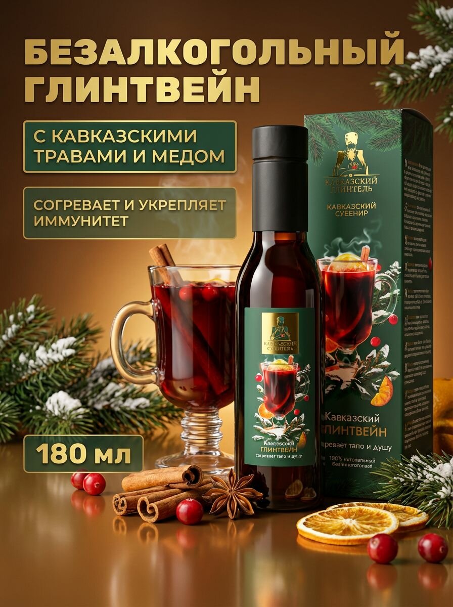 Безалкогольный Глинтвейн на основе виноградного сока с медом и кавказскими травами, натуральный общеукрепляющий 180 мл