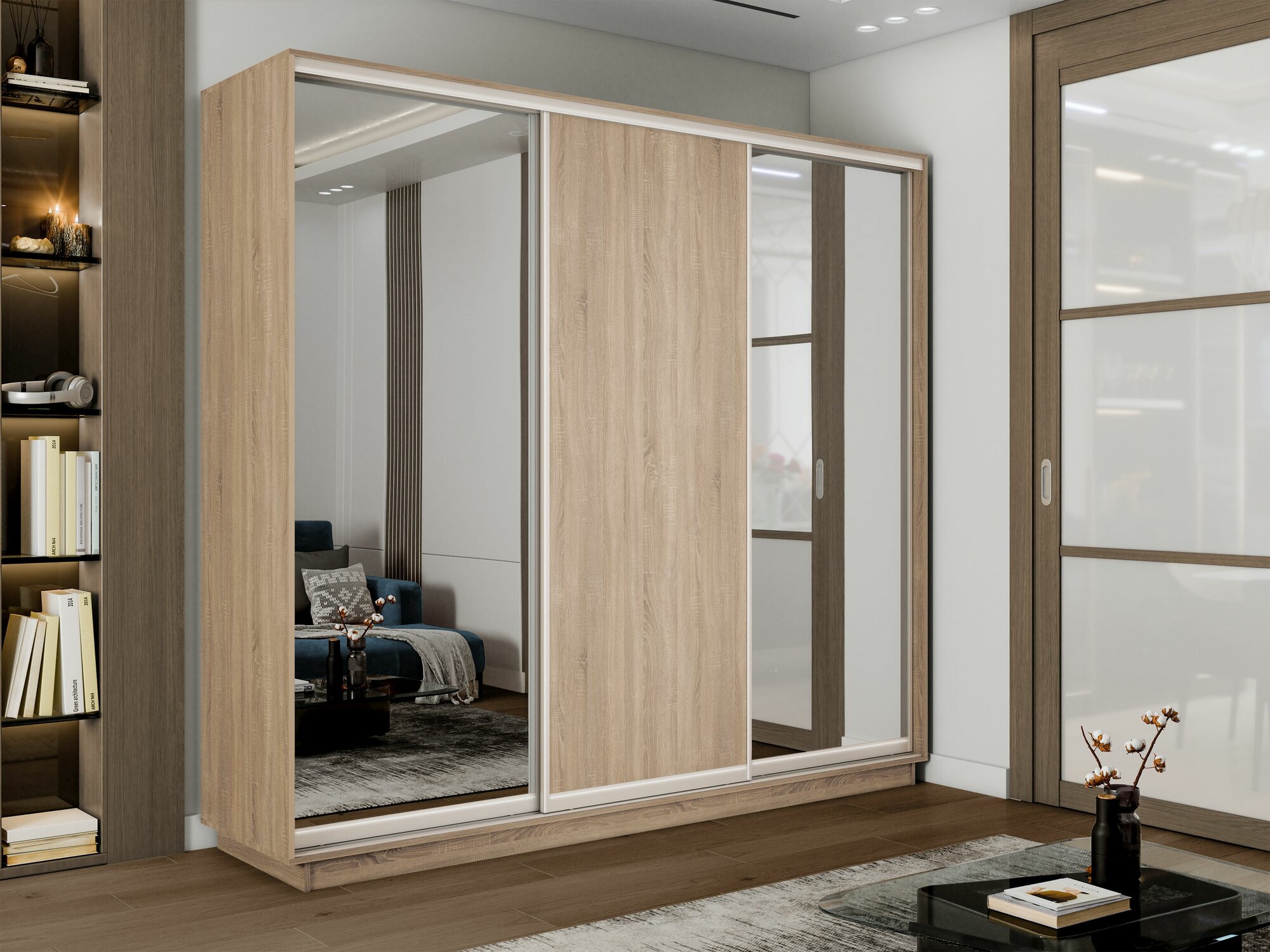 Шкаф купе Вилли 3-х дверный ЛДСП, (2-зеркала/ДСП) , профиль серебро 240 см х 240 см х 60 см (Дуб Сонома)