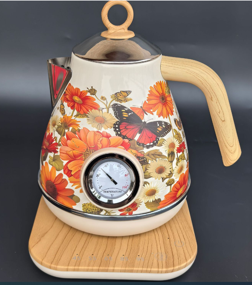 PS3013D Умный электрический чайник -Постоянная температура с цифровым термометром, быстрое закипание, Светодиод SUS304 мощностью 1850 Вт, Широкий носик объемом 1,7 л, Чайник с цветочным рисунком, Фильтр для воды, Перезаряжаемый носик, Высокая