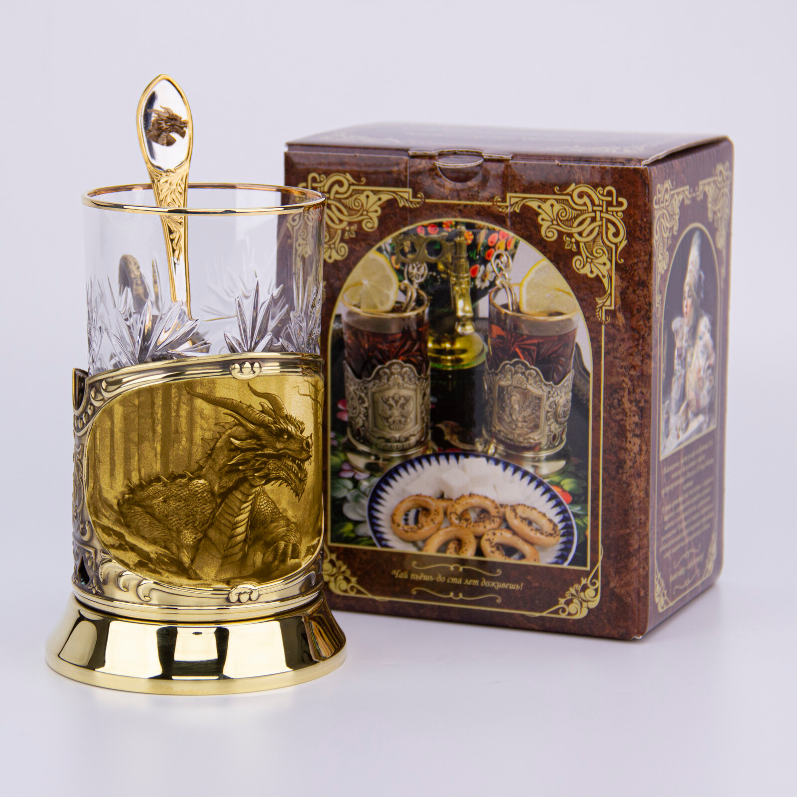 Набор для чая "Дракон" карт. коробка, хруст. стакан, латунь, гравировка, ложка-нерж. грав ПД-516/1К-л