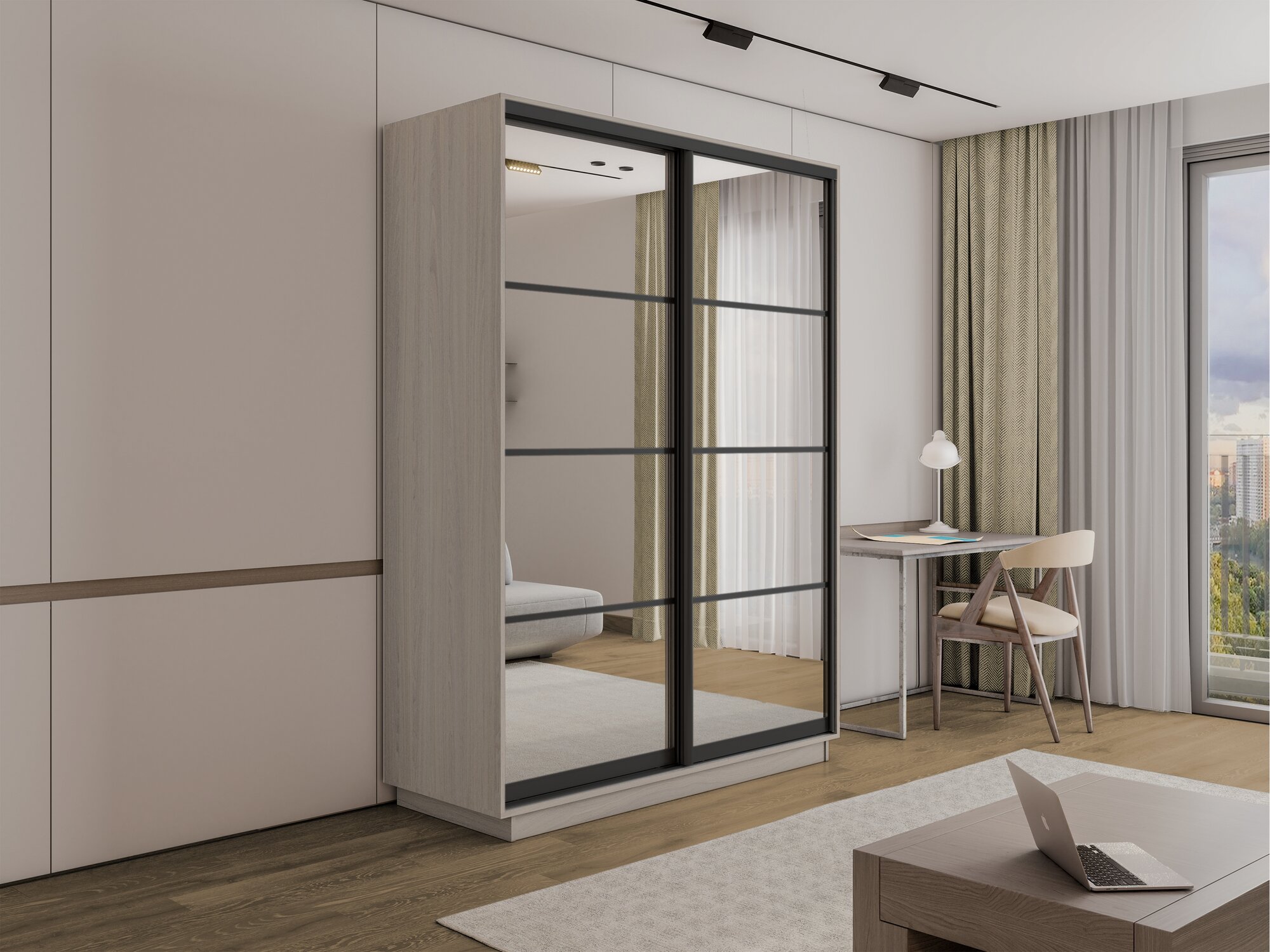 Шкаф-купе Вилли С4 2-х дверный, зеркальные двери, (черный профиль) 140х60х220 см. Ясень Шимо светлый