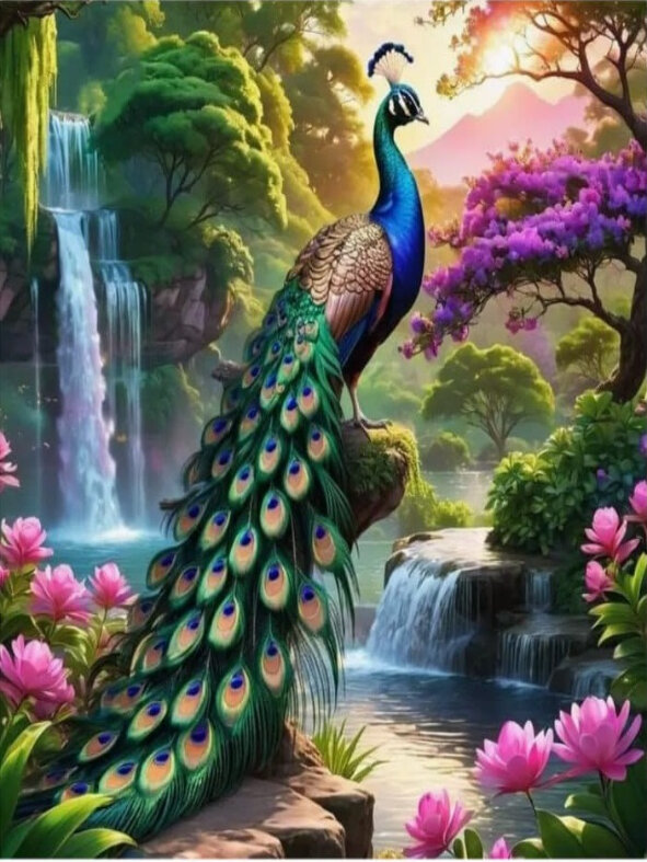 Алмазная мозаика "Пейзаж с павлином и водопадом". На подрамнике, 5D, 40x50 см
