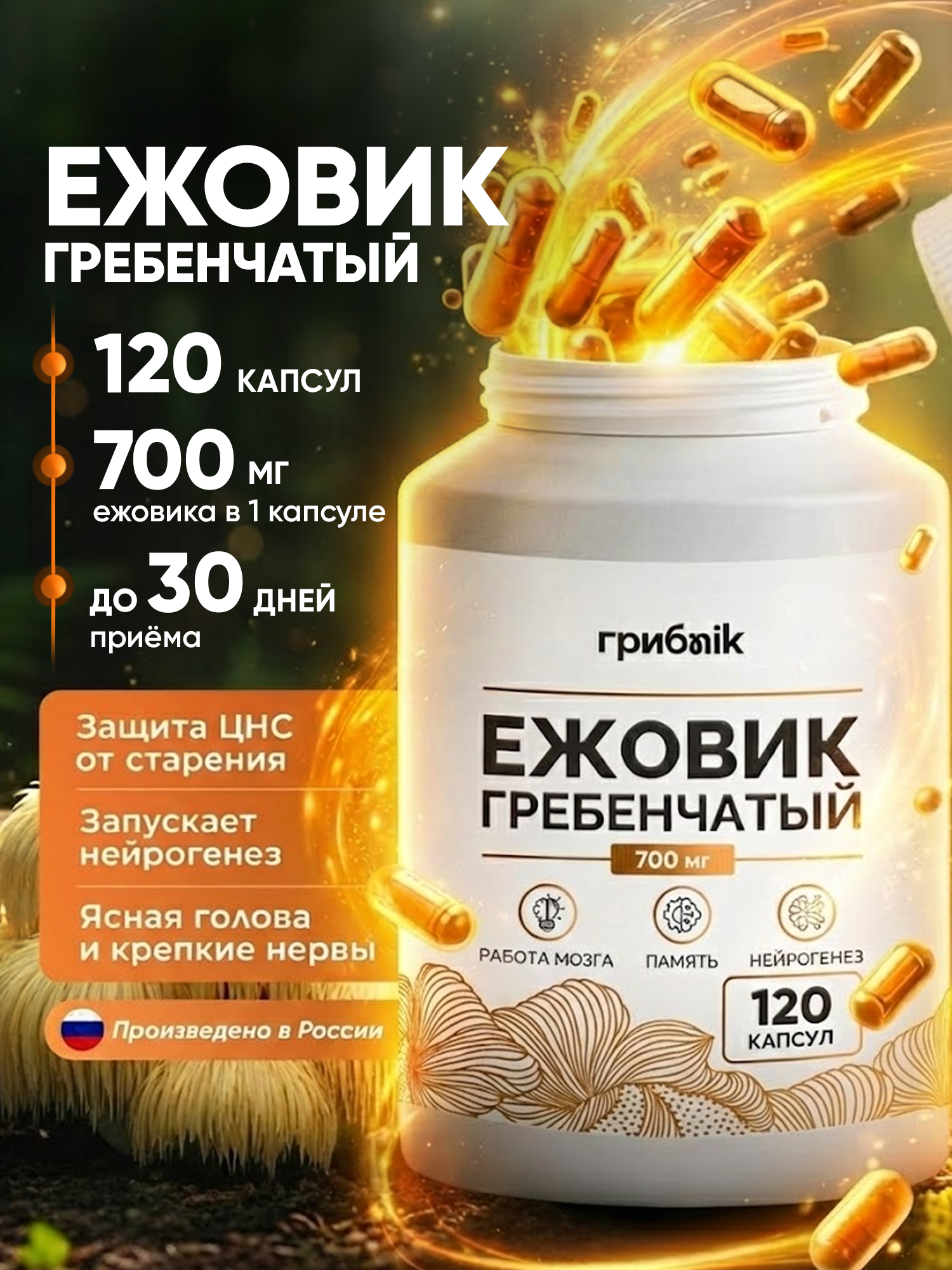 Ежовик гребенчатый мицелий Ежевик гребенчатый 700 мг 120 капсул от ГрибNik