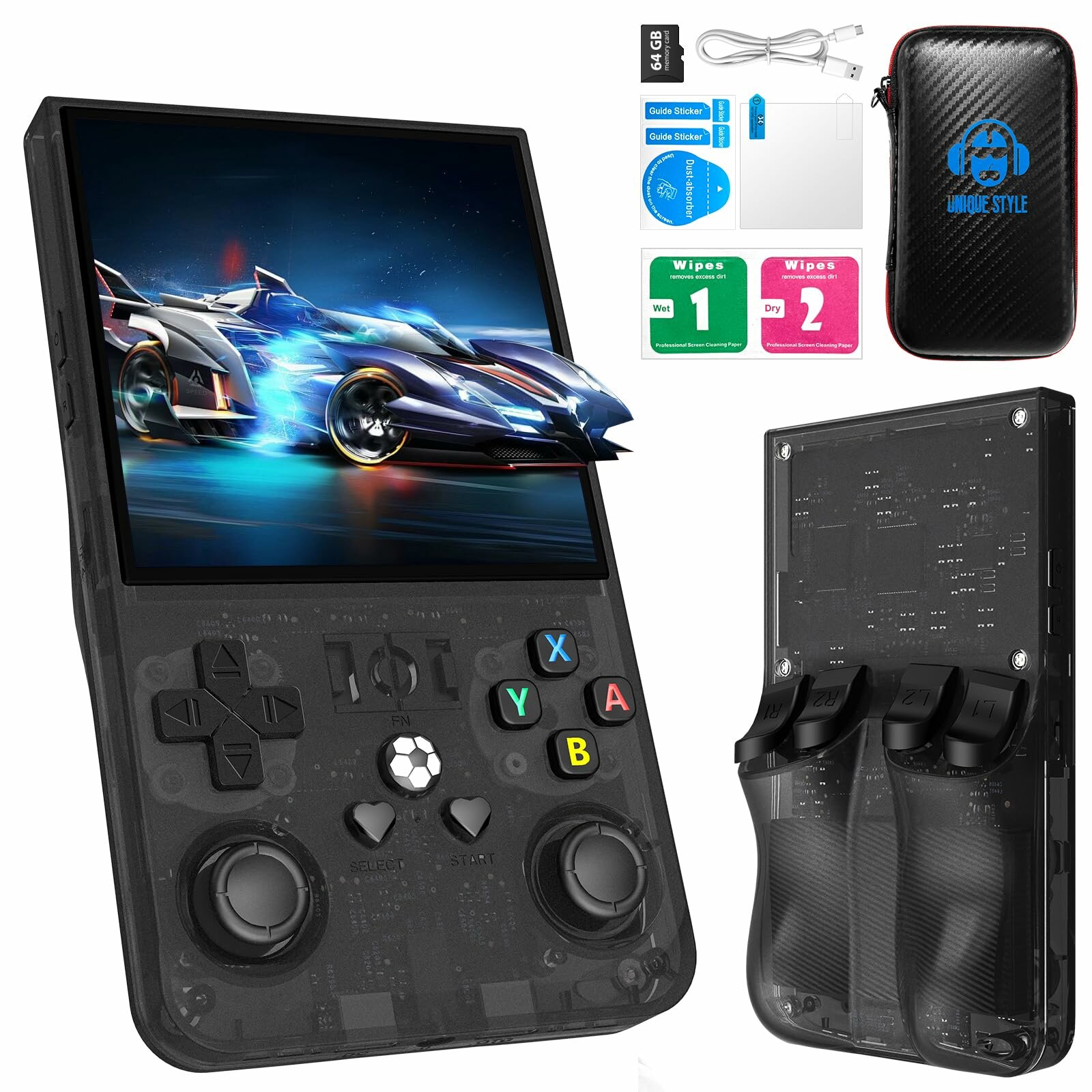 R36max home game open source dual joystick large screen handheld 4.0 inch IPS Screen Linux System PK3326 Chip 64GB 128GB built-in TF card 18000+ 22000+ game library 1 x Handheld Game Console 1 x TYPE-C Charging Cable 1 x Storage Box 1 x Screen Film 1 x