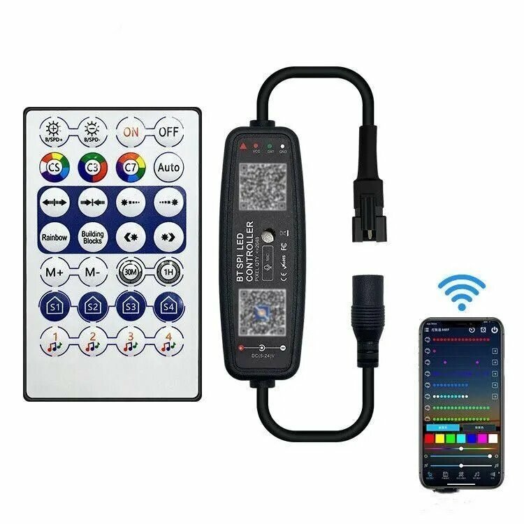 Умный Bluetooth контроллер RGB для адресных (SPI) светодиодных лент 12-24 вольт LDL43, управление радиопульт ДУ и смартфон, mucic режим, (3pin)