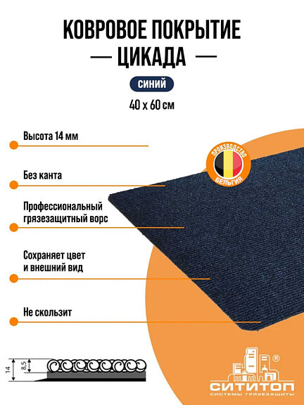 Коврик Цикада 40 х 60 см, синий входной без канта грязезащитный придверный влаговпитывающий прорезиненный противоскользящий в прихожую