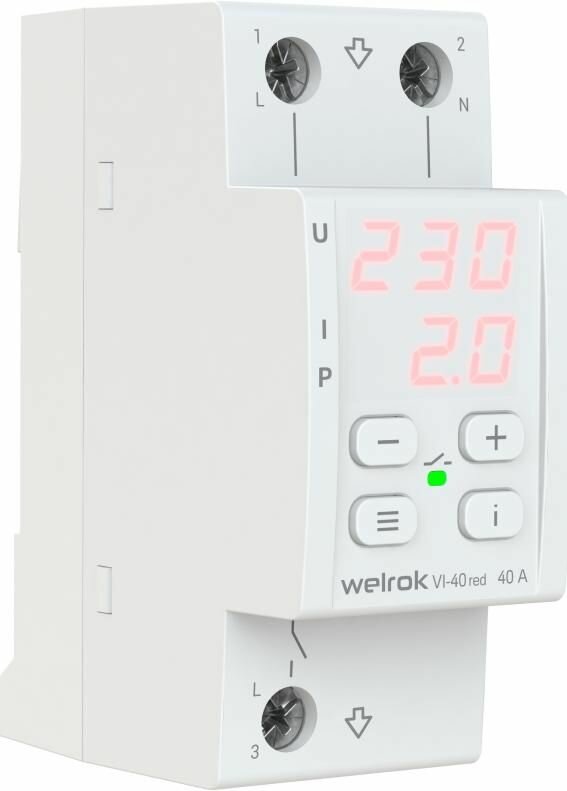 Реле напряжения Welrok VI-40 red, с контролем тока, напряжение срабатывания 120-280В