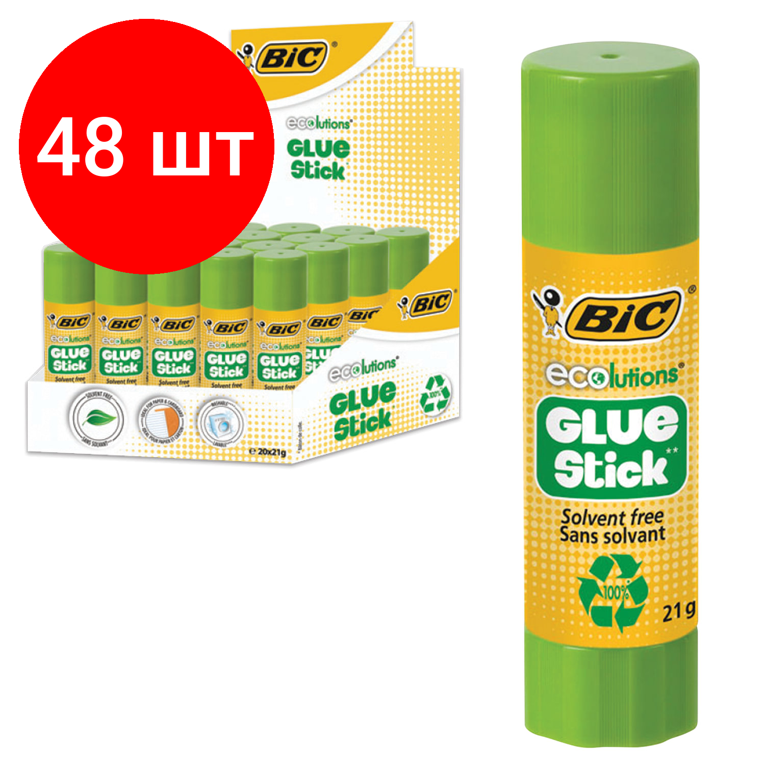 Комплект 48 шт, Клей-карандаш BIC "ECOlutions" 21 г, с ароматом яблока, 8923452