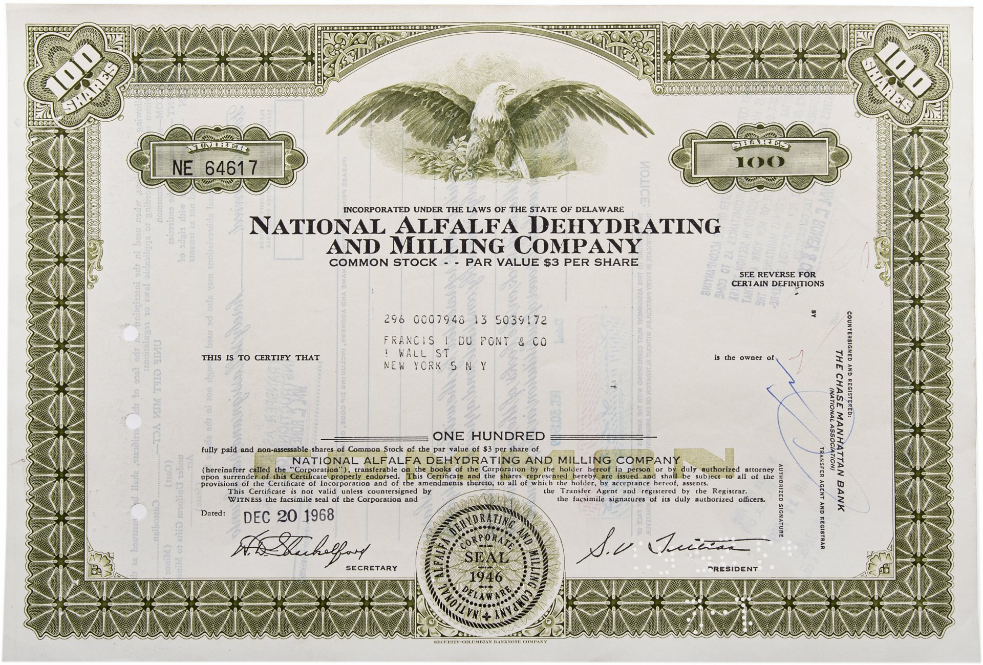 Акция США National Alfalfa Dehydrating and Milling Company, 1968 г