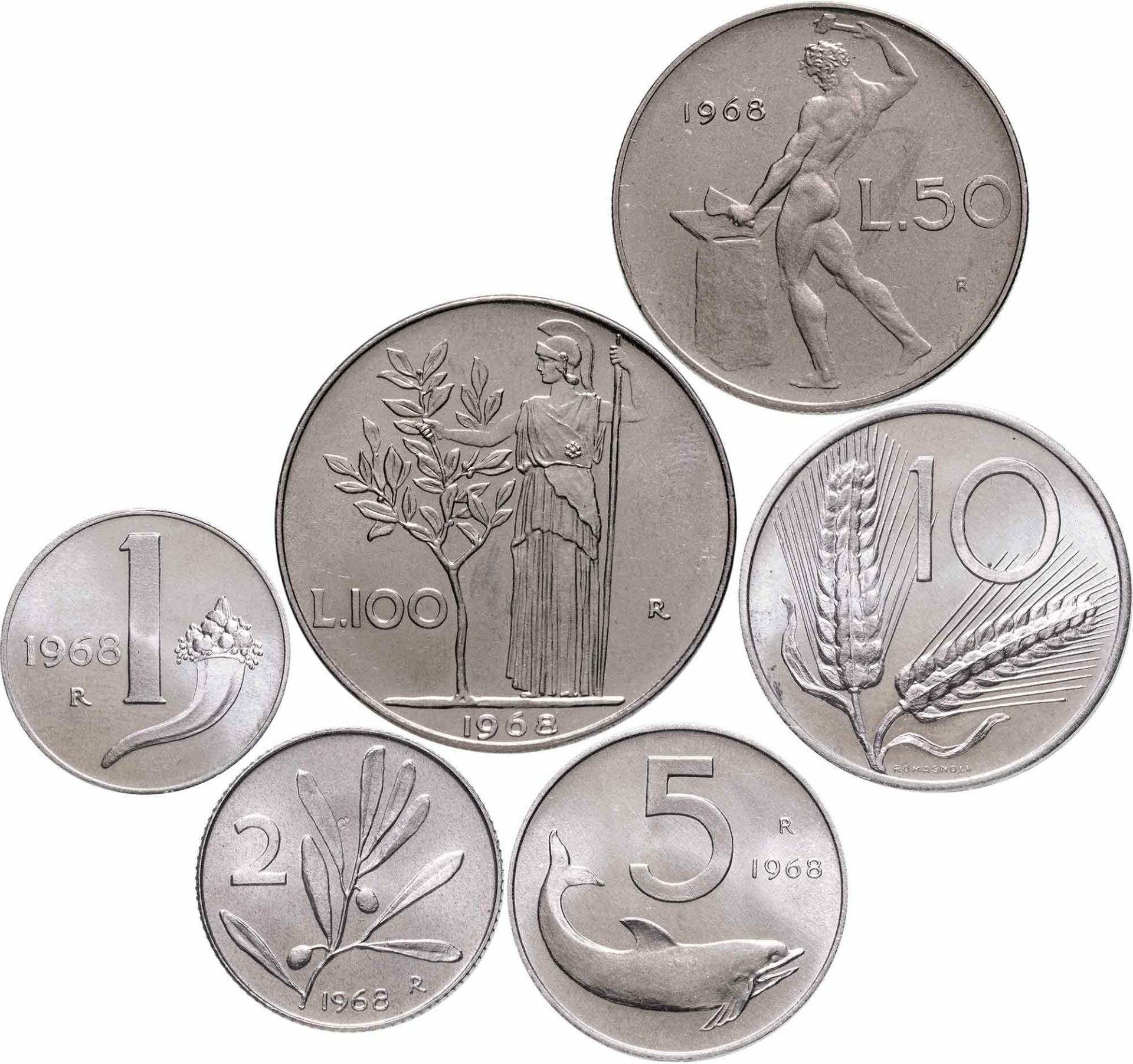 Италия набор из 6 монет 1968, Сталь, в сохранности UNC