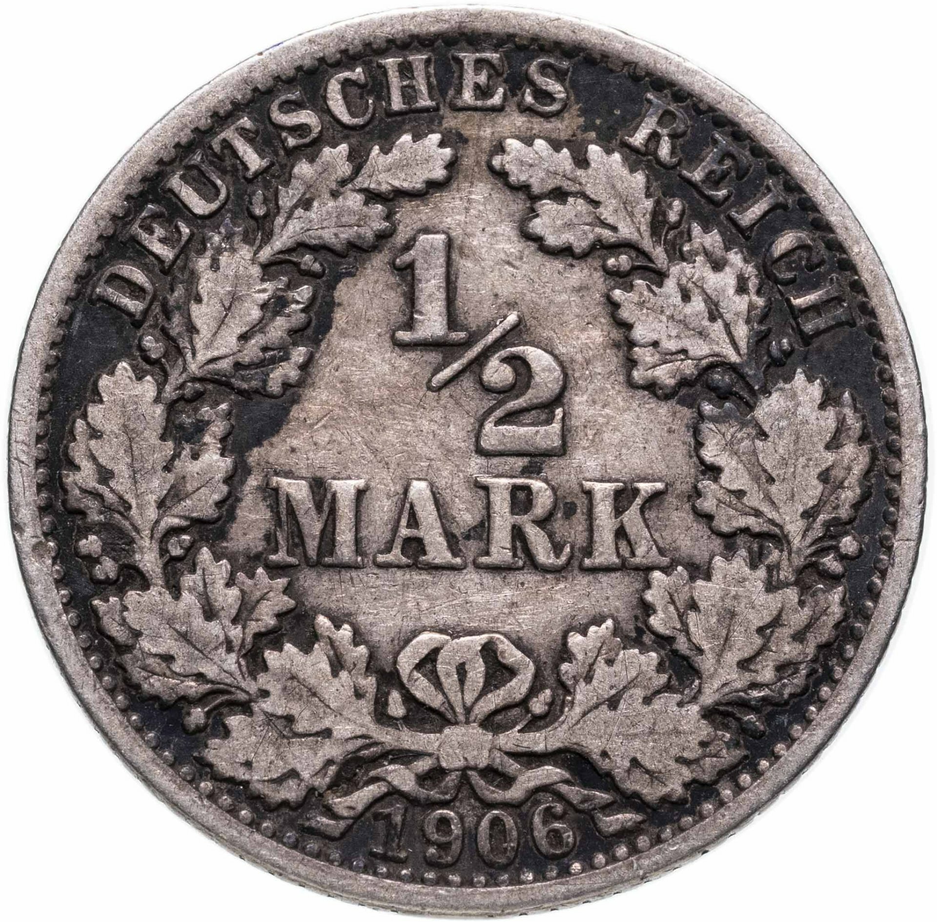 Германия, Германская империя 1/2 марки 1906 А, знак монетного двора: "A" - Берлин, Серебро 900, в сохранности VG-F