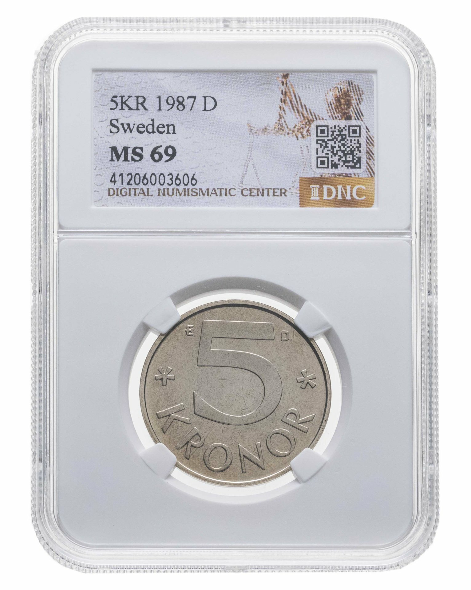 5 крон 1987 D Швеция в слабе DNC MS69, Мельхиор медь-никель