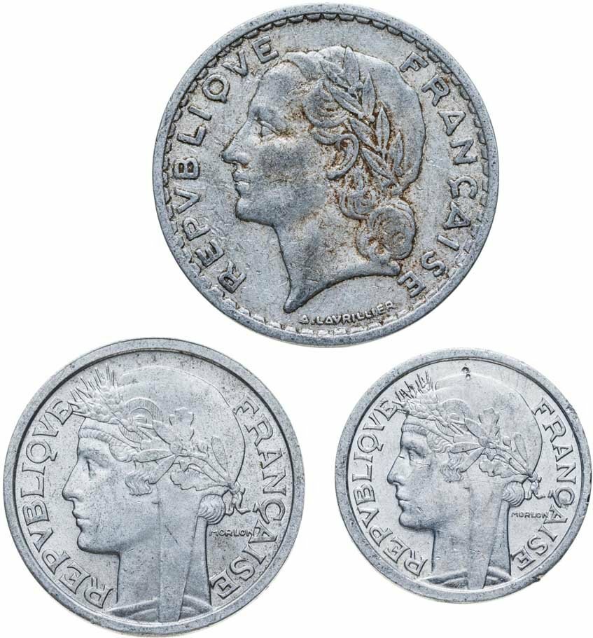Франция 5 2 1 франк 1945-1949 набор из 3-х монет, Алюминий, в сохранности XF