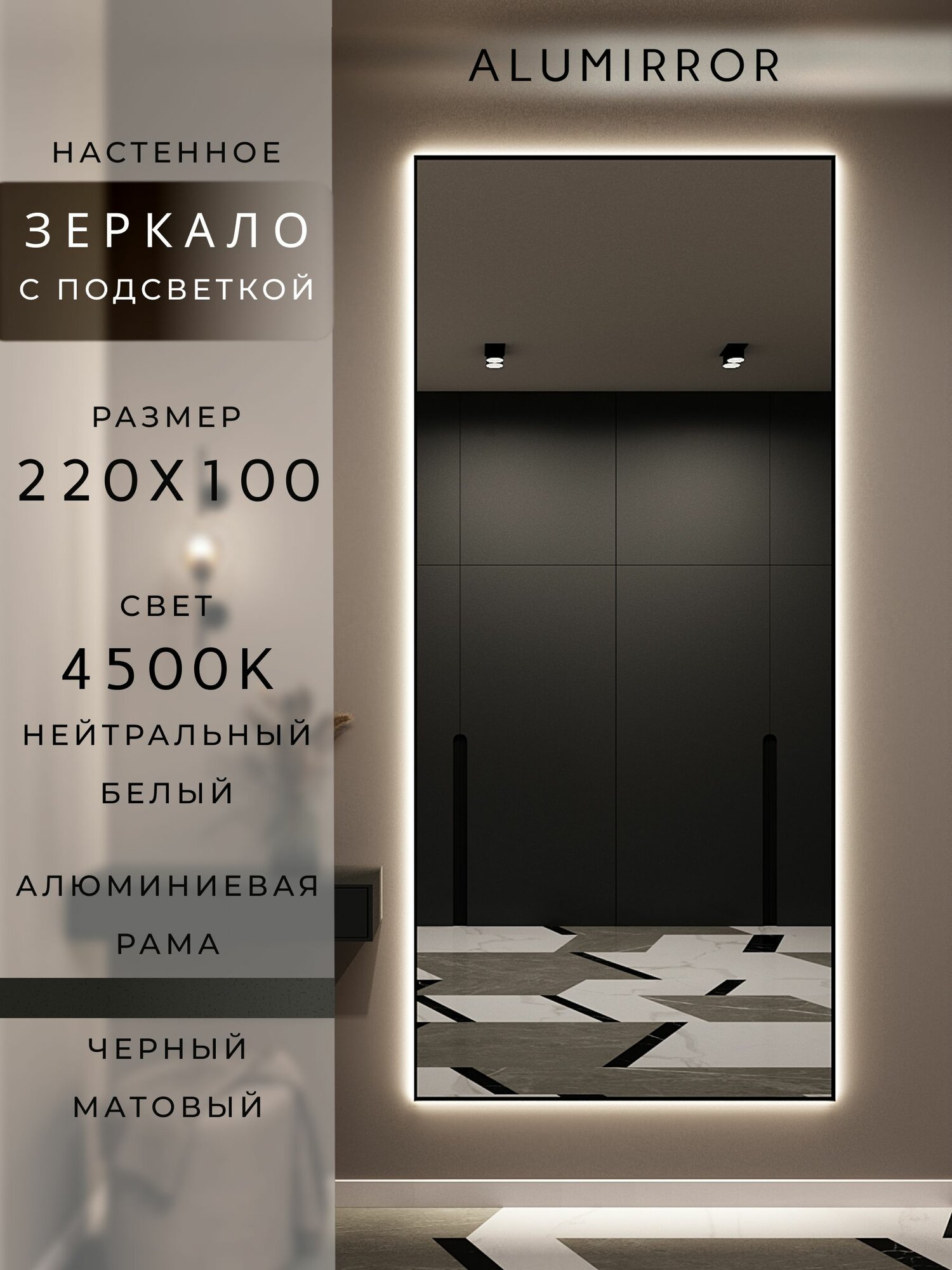 Зеркало настенное 220х100 см. черное с подсветкой Свет: Нейтральный белый 4500К В алюминиевой раме интерьерное ALUMIRROR