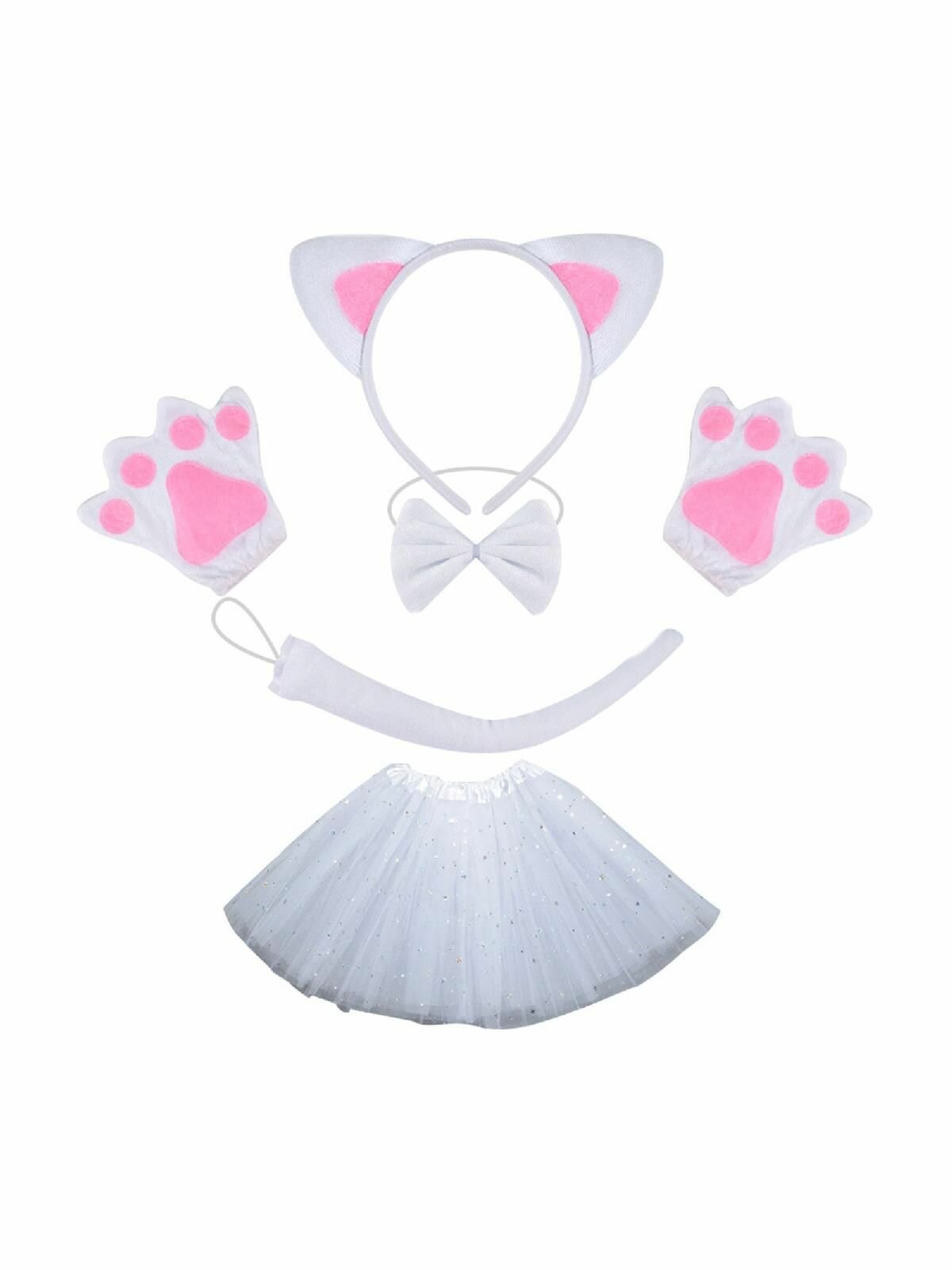 (1 комплект) Аксессуары для костюма кошки - розовая юбка с белыми ушами и перчатками