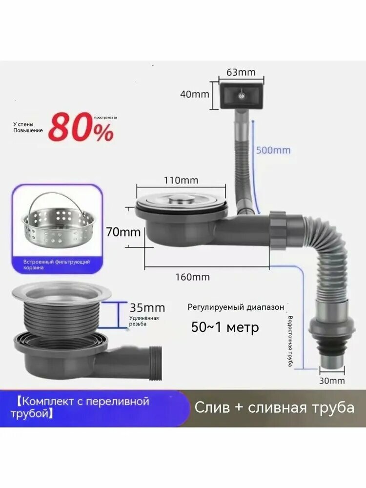 Сифон плоский для кухонной мойки плоский без перелива, компактный пластиковый сифон для тумбы, герметичный, простой монтаж
