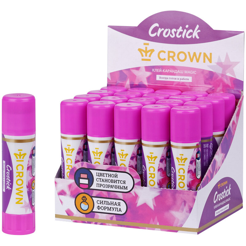 20 шт. Клей-карандаш Crown "Indicator", 15г, с цветным индикатором, ПВП