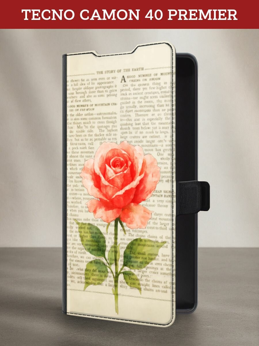 Чехол-книжка на Tecno Camon 40 Premier / Текно Камон 40 Премьер с принтом Гербарий роза, черный