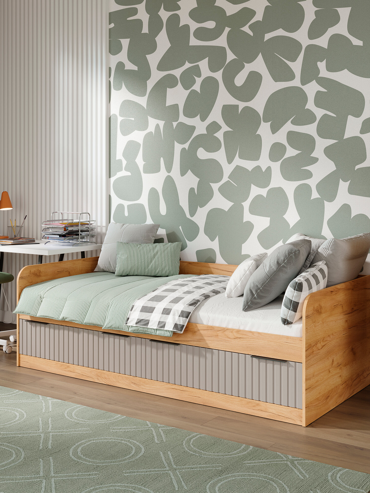 Односпальная кровать 90х200, подростковая с ящиками для белья Хилтон (Дуб Крафт золотой, Мокко матовый)