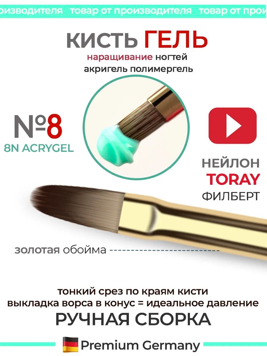 Nail Club Кисть для лепки и моделирования ногтей гелем 8N ACRYGEL