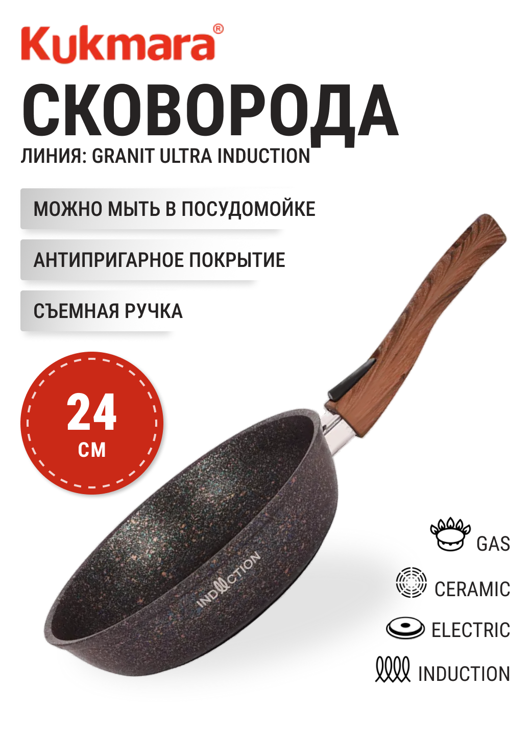 Сковорода KUKMARA сггиш242а, синий, антипригарное покрытие, съемная ручка