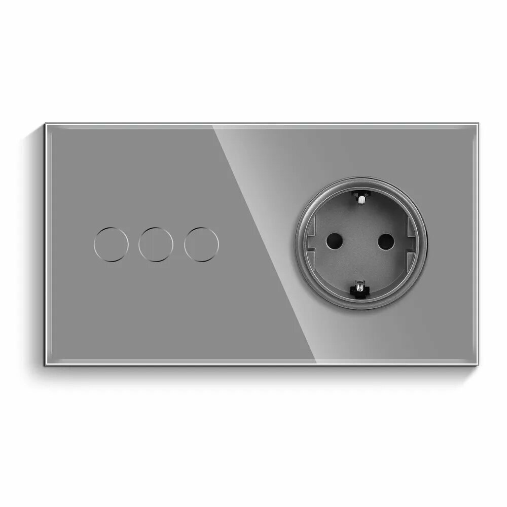 Умный сенсорный WIFI выключатель с розеткой, с Алисой, рамка стекло, цвет Серый