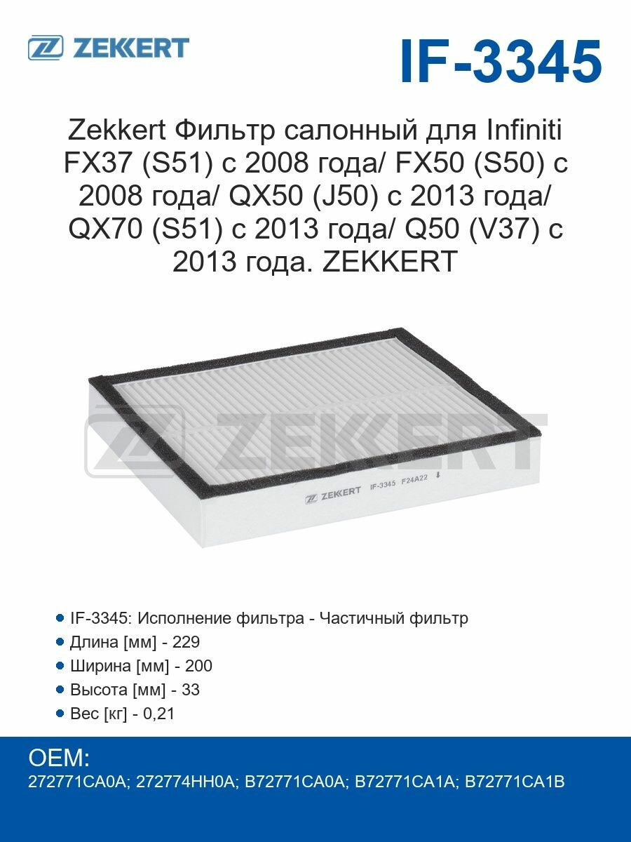 Zekkert Фильтр салонный для Infiniti FX37 (S51) с 2008 года/ FX50 (S50) с 2008 года/ QX50 (J50) с 2013 года/ QX70 (S51) с 2013 года/ Q50 (V37) с 2013 года. ZEKKERT