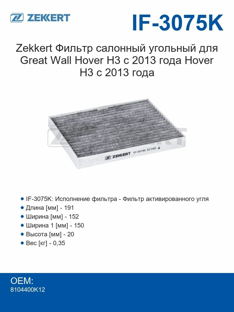 Zekkert Фильтр салонный угольный для Great Wall Hover H3 с 2013 года Hover H3 с 2013 года