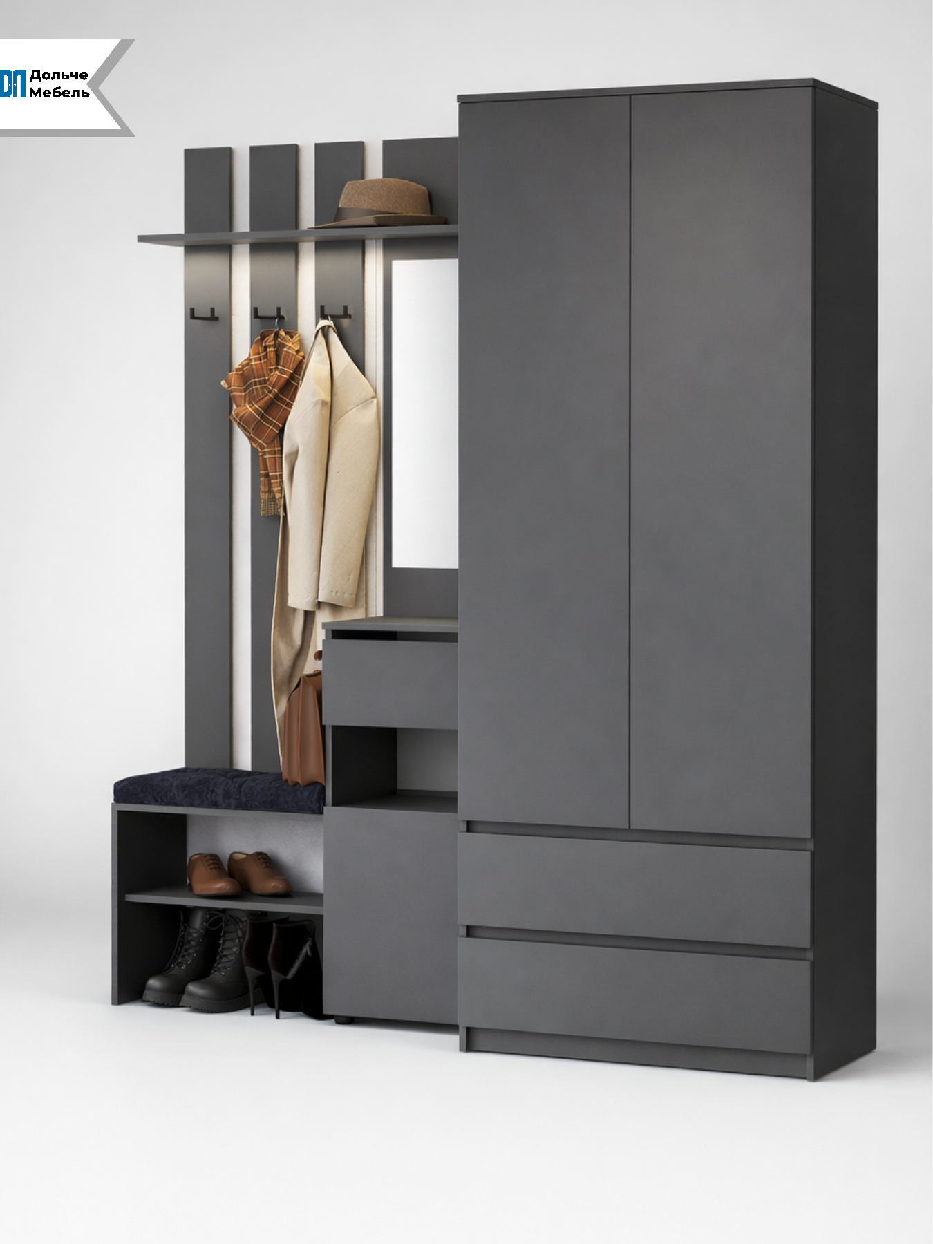 Прихожая Арника Денвер со шкафом, 180×205×46 см, мебель в узкий коридор, вешалка с зеркалом и тумбой для обуви, графит