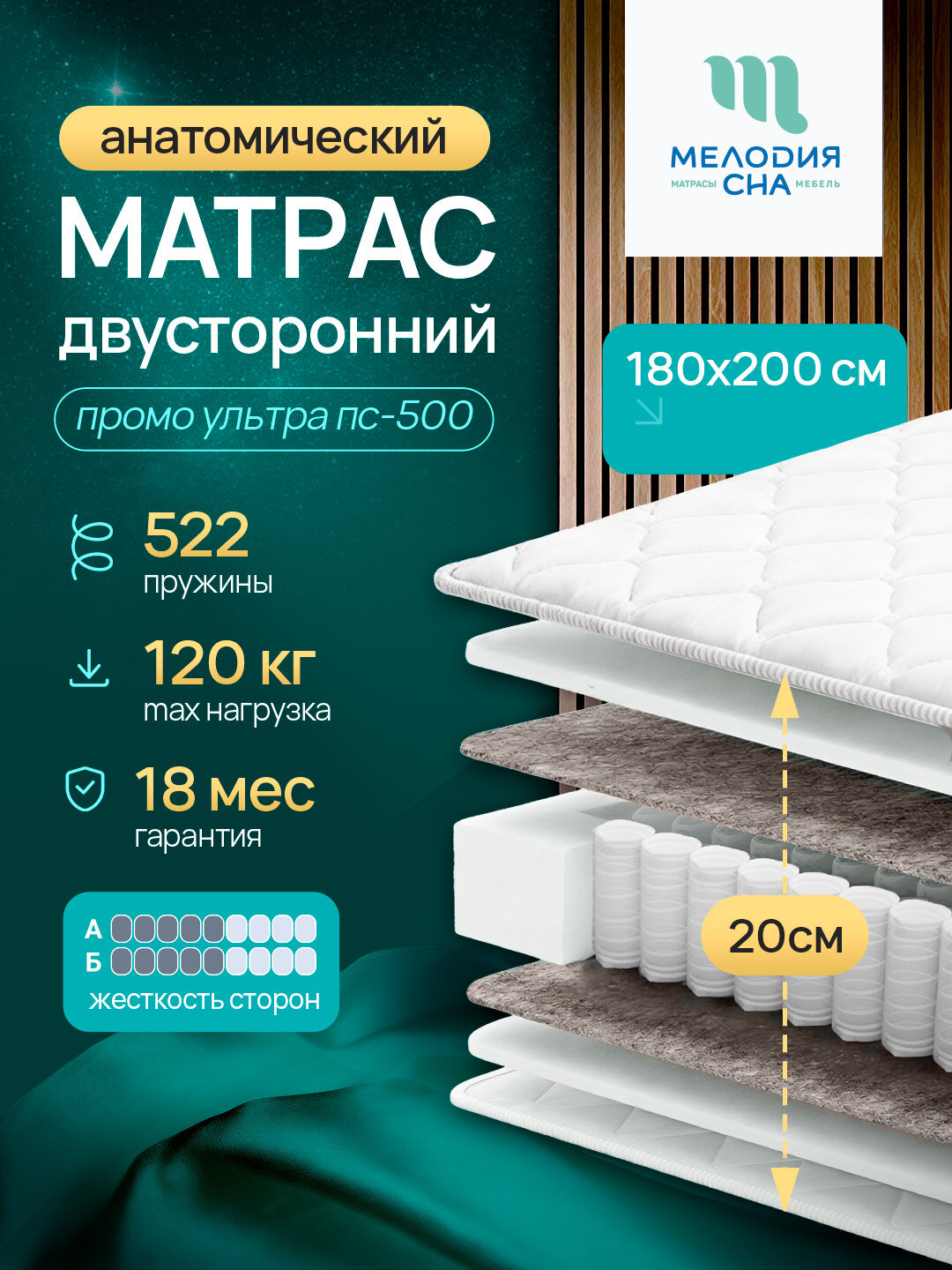 Матрас мелодия СНА Ультра, 180х200, независимые пружины, двусторонний анатомический