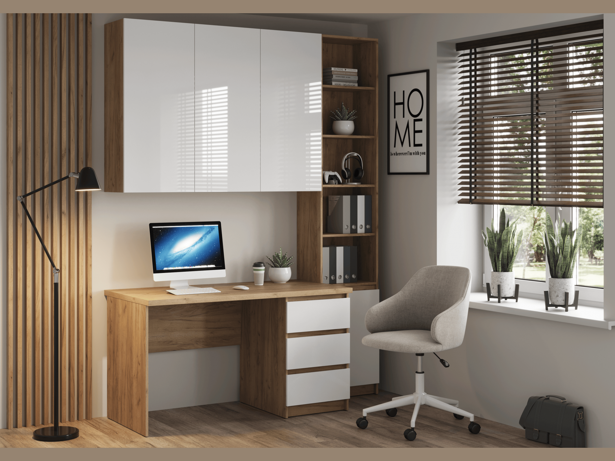 Кабинет для шкальника, из ЛДСП, стол, стеллаж и комод, крафт золотой/белый глянец