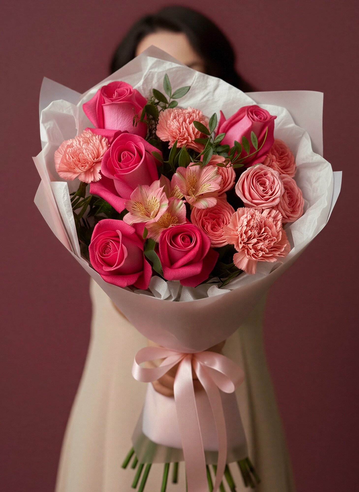 Сборный букет "Ни шагу назад" с розами и альстромерией и диантусами