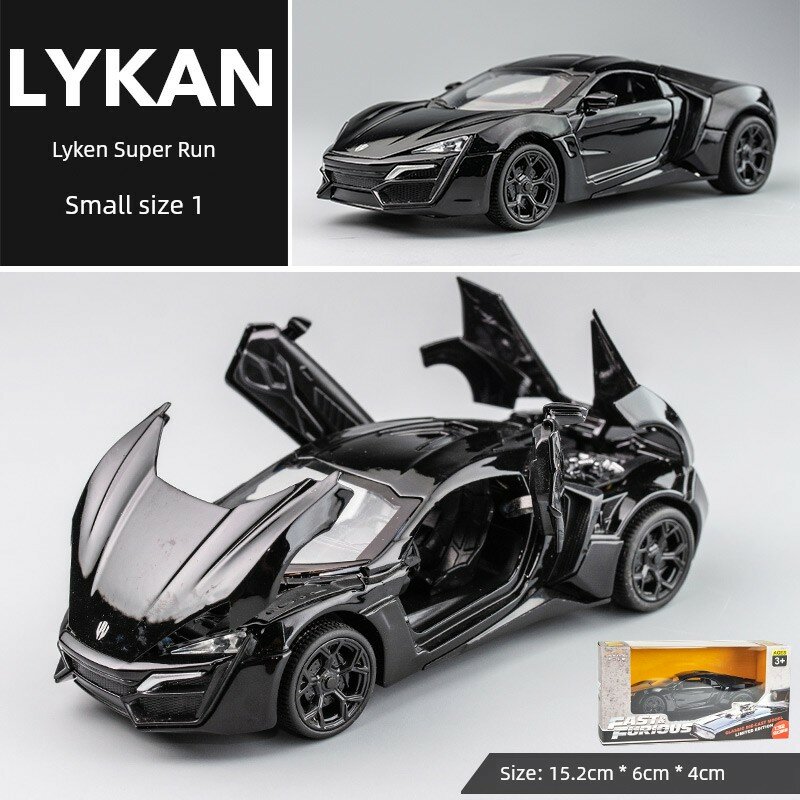 Малый масштабный алюминиевый модельный автомобиль Lykan HyperSport 1:32, черный цвет, коллекционная игрушка для