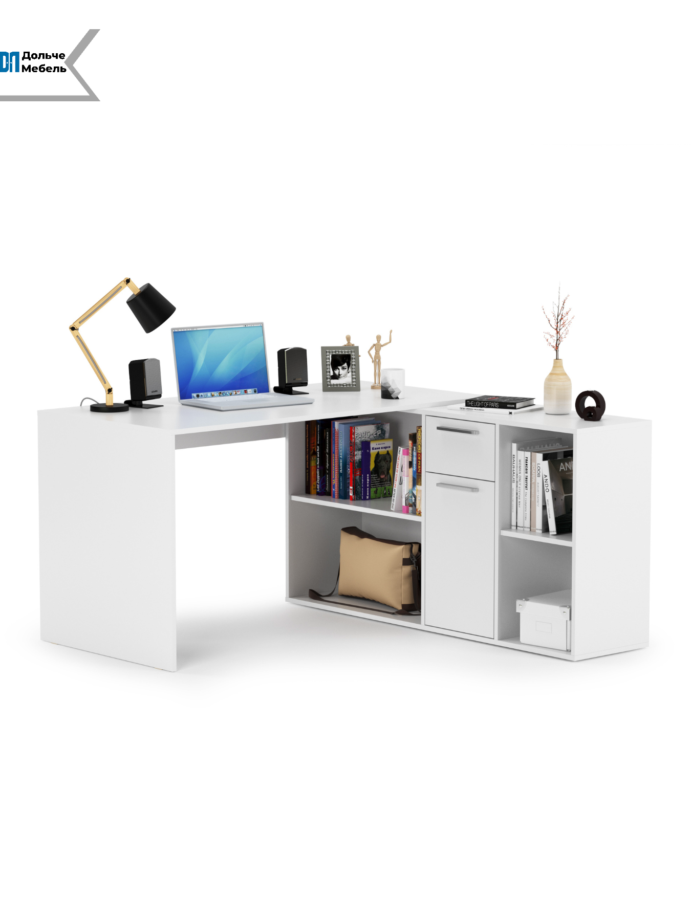Стол письменный угловой Лайт 03.245, белый, компьютерный с полками и тумбой, для дома и школьника