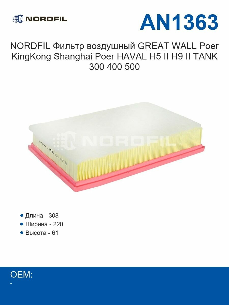 NORDFIL Фильтр воздушный GREAT WALL Poer KingKong Shanghai Poer HAVAL H5 II H9 II TANK 300 400 500