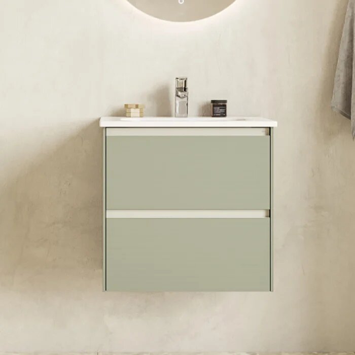 Тумба с раковиной Roca Ona Olive 60 подвесная, 60 см, зеленая, матовая, из МДФ, с ящиками, раковина для ванной, фарфоровая, прямоугольная, встроенный слив-перелив