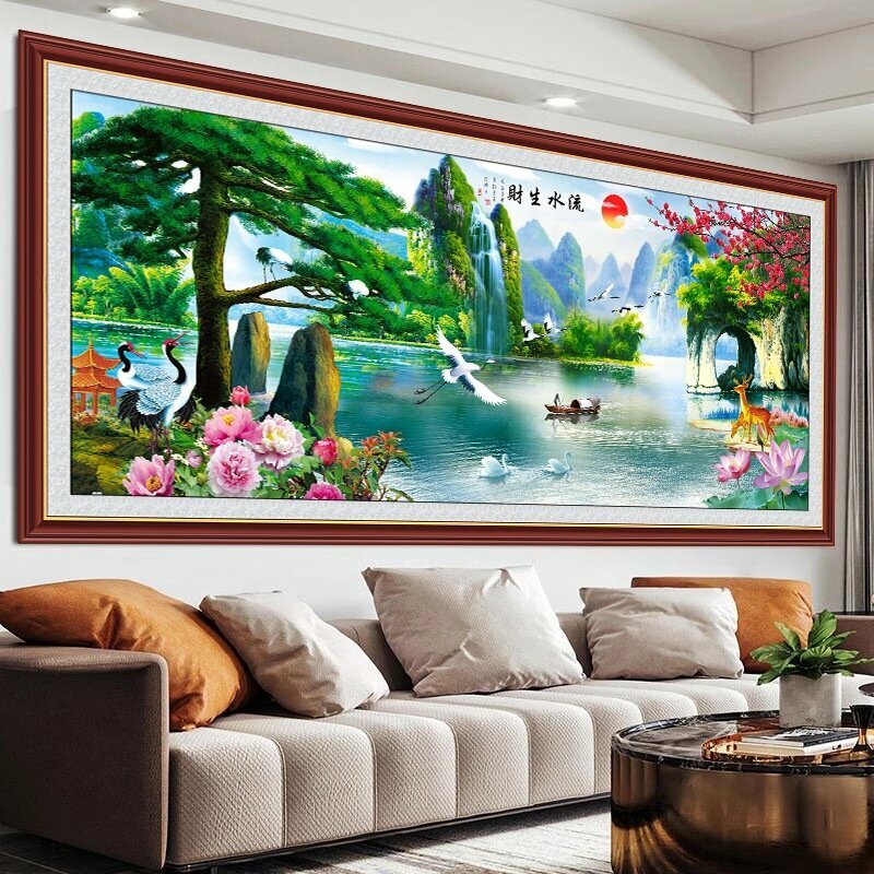 2025 Декоративная картина для стены за диваном, новая китайская стильная пейзажная живопись, текущая вода приносит богатство, самоклеящаяся обои-наклейка, мурал