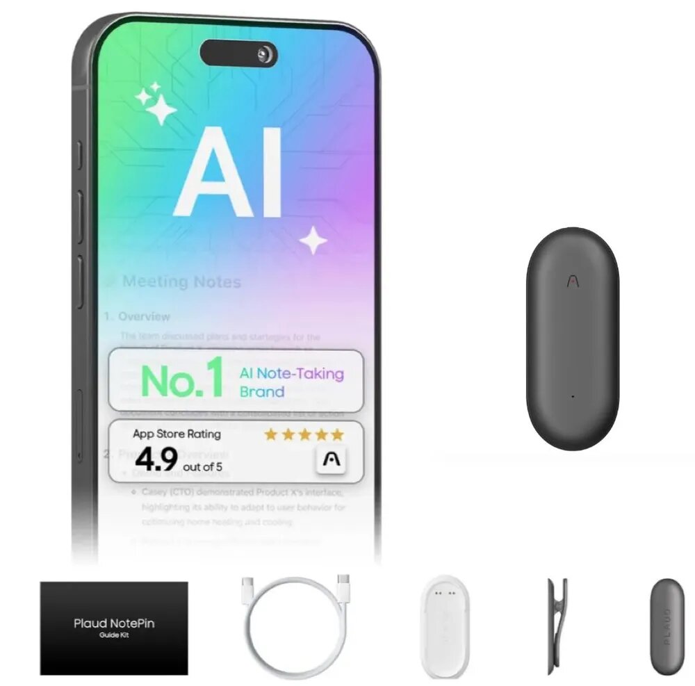 PLAUD NotePin AI Умный регистратор транскрипций, Поддерживает 112 языков, 64 ГБ памяти, подходит для встреч/делового общения/путешествий/составления текстовых сообщений