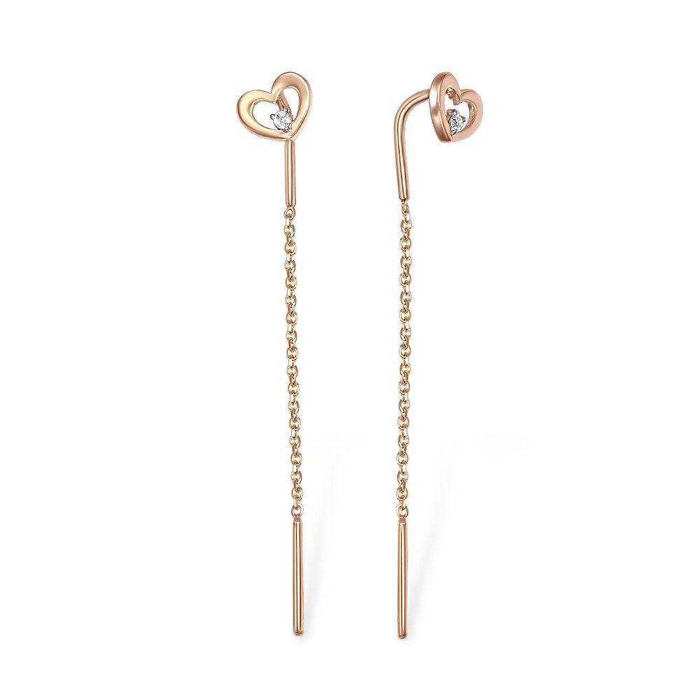 Серьги цепочки 585GOLD, красное золото, 585 проба, родирование, фианит