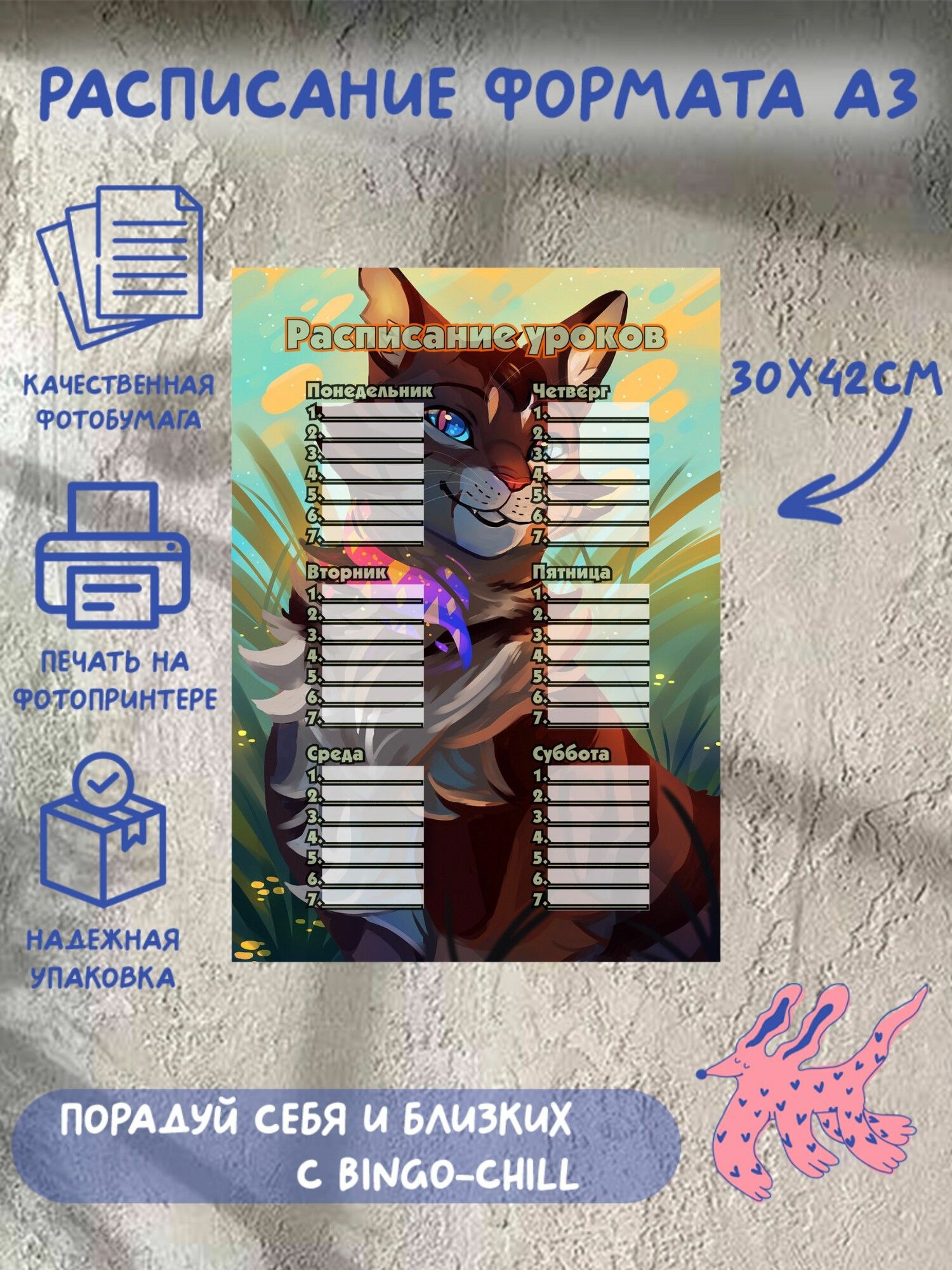 Расписание уроков формата А3 с принтом "Коты воители"