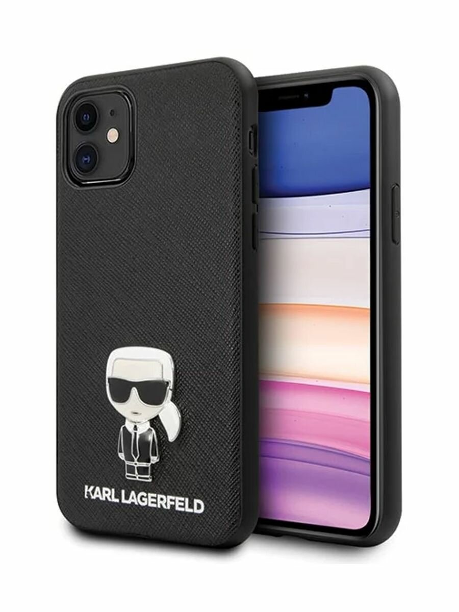 Lagerfeld чехол для iPhone 12 Mini / Чехол для Айфон 12 мини / PU Saffiano Ikonik Karl (metal) Hard (черный) KLHCP12SIKMSBK